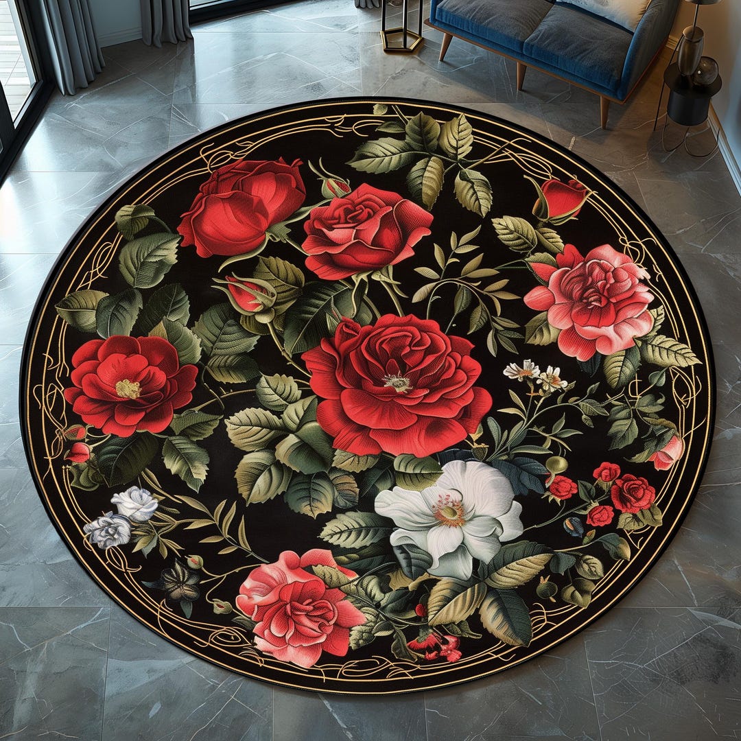 Traditional Rose Rug, Painting Style Rose Rug, Rose Round Rug, Round ...