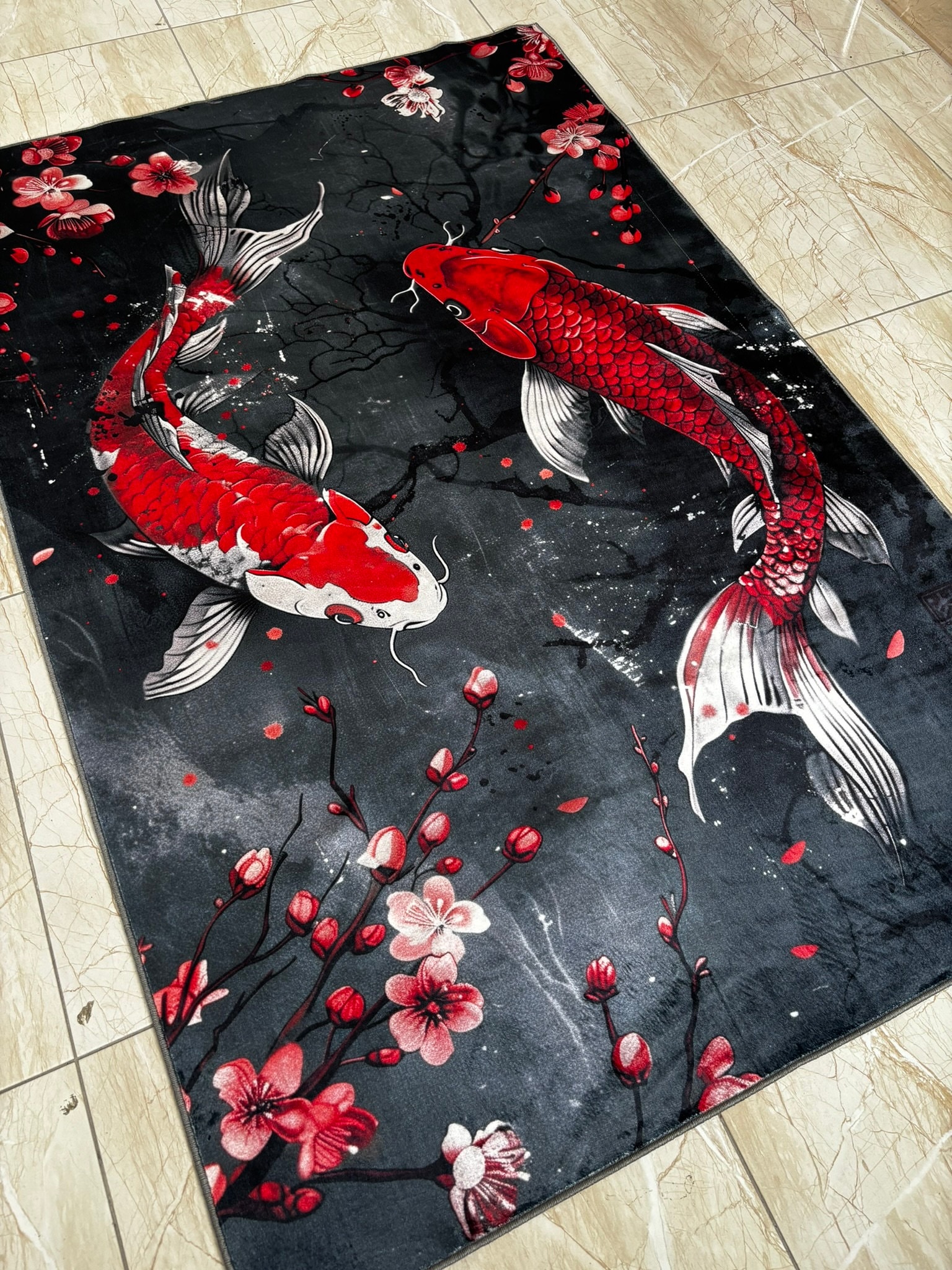 Koi Fish and Cherry Blossom Rug, Abstract Japanese Pattern Rug, Koi ...
