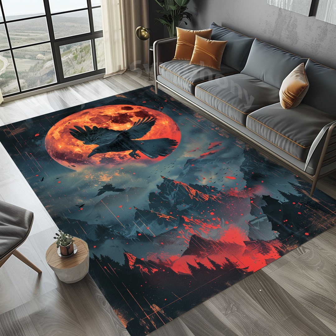 Raven Rug, Raven Area Rug, Crow Rug, Moon and Raven Art Rug, Japanese ...