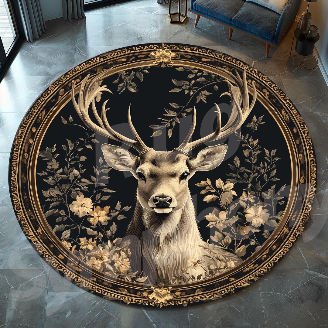 Round Deer Rug, Cabin House Rug, Deer Area Rug, Cabin Nature Animals ...