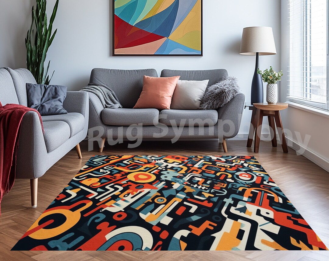 Colorful Random Drawings Rug, Modern Shapes Rug, Mid Century Modern ...