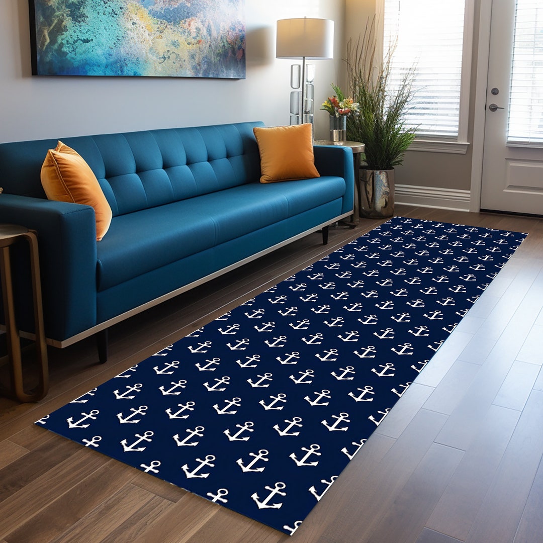 Navy Blue Anchor Pattern Runner Rug: Nautical Decor - Etsy