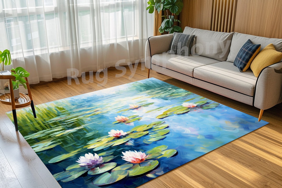 Water Lilies in Blue Lake Rug, Oil Painting Lilies Rug, Water Lilies in ...
