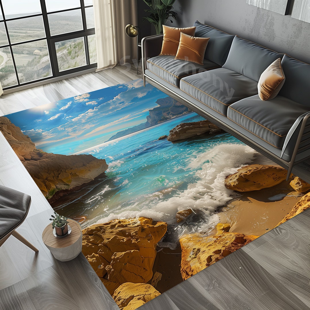 Beach Area Rug, Blue Tropical Beach Sea Rug, Beach Rug, Blue Beach Rug ...