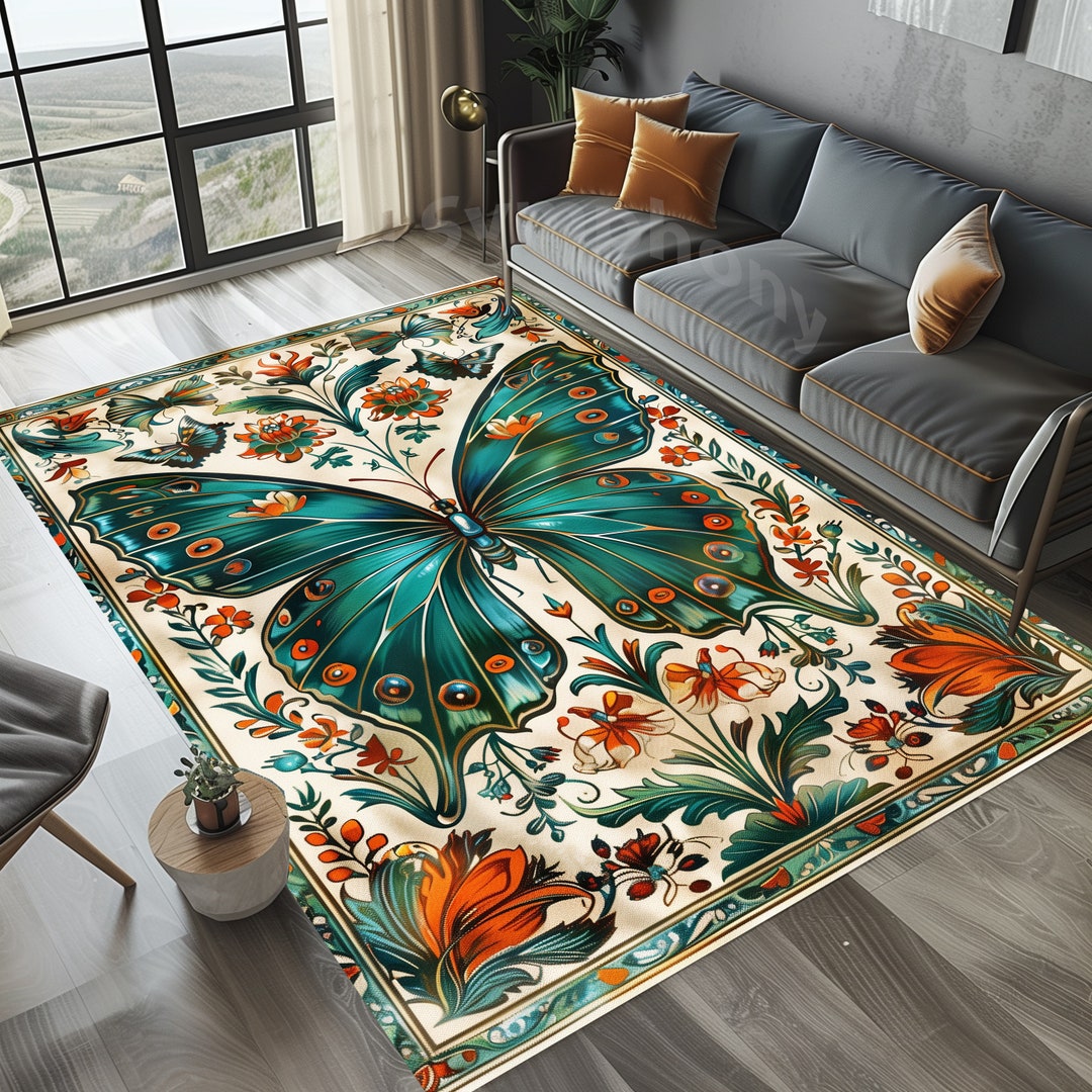 Butterfly Garden Rug: Colorful Floral Pattern - Etsy