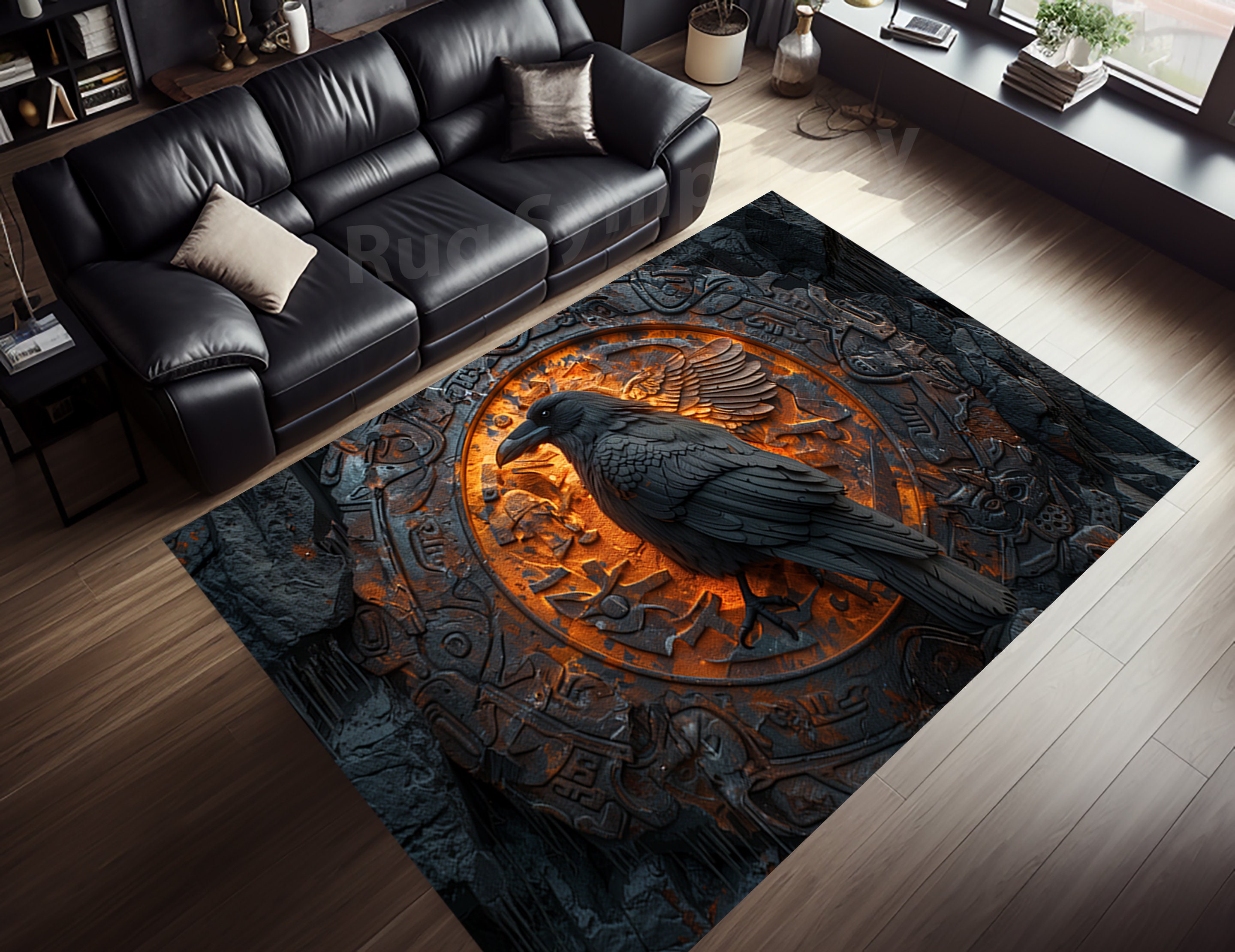 Crow on Vegvisir Rug, Crow Area Rug, Crow Rug, Rustic Crow Rug, Viking ...