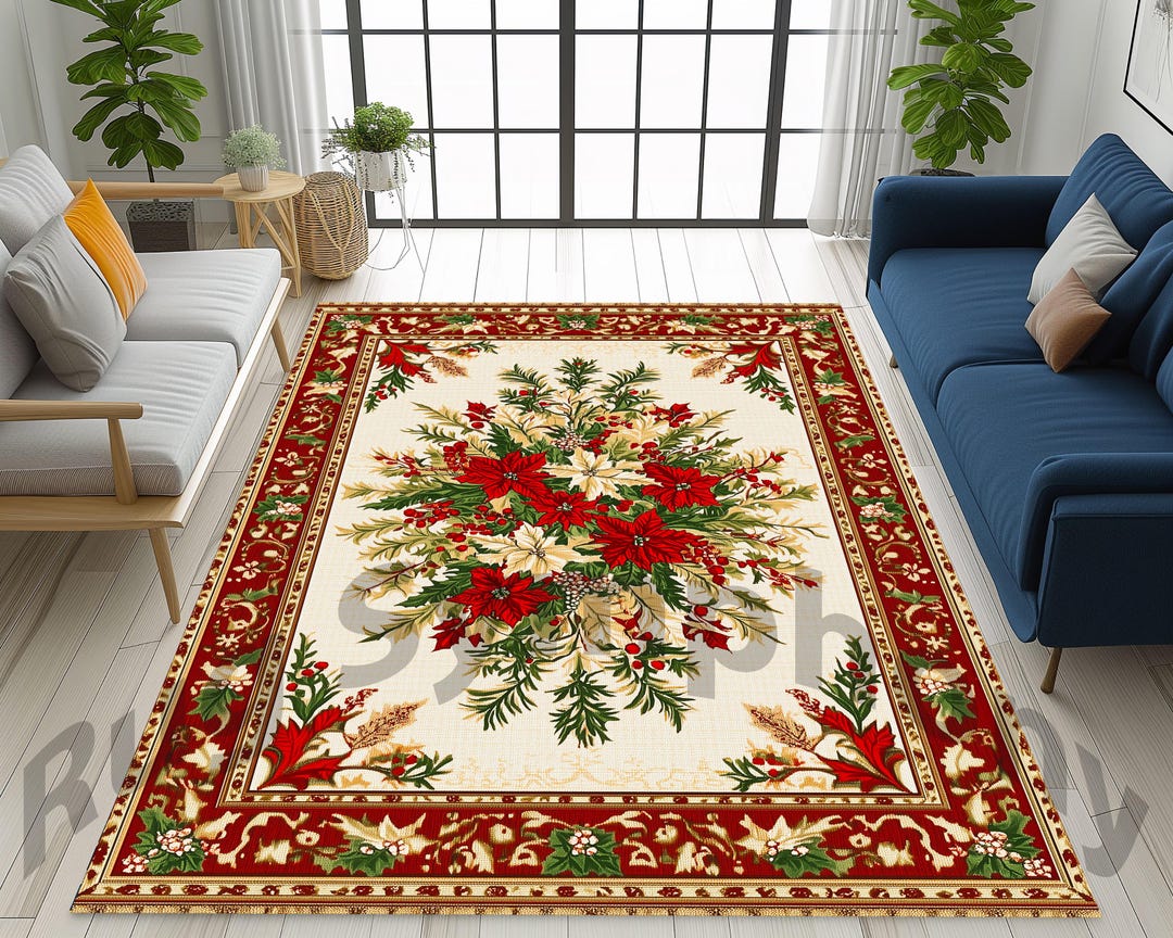 Merry Christmas Rug, Christmas Decoration, Poinsettia Rug, Xmas Hallway ...