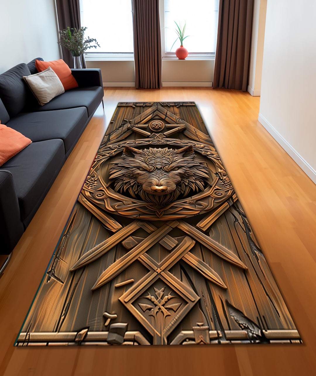 Wolf Area Runner Rug, Norse God Runner, 3D Look Wolf Long Rug, Wood ...