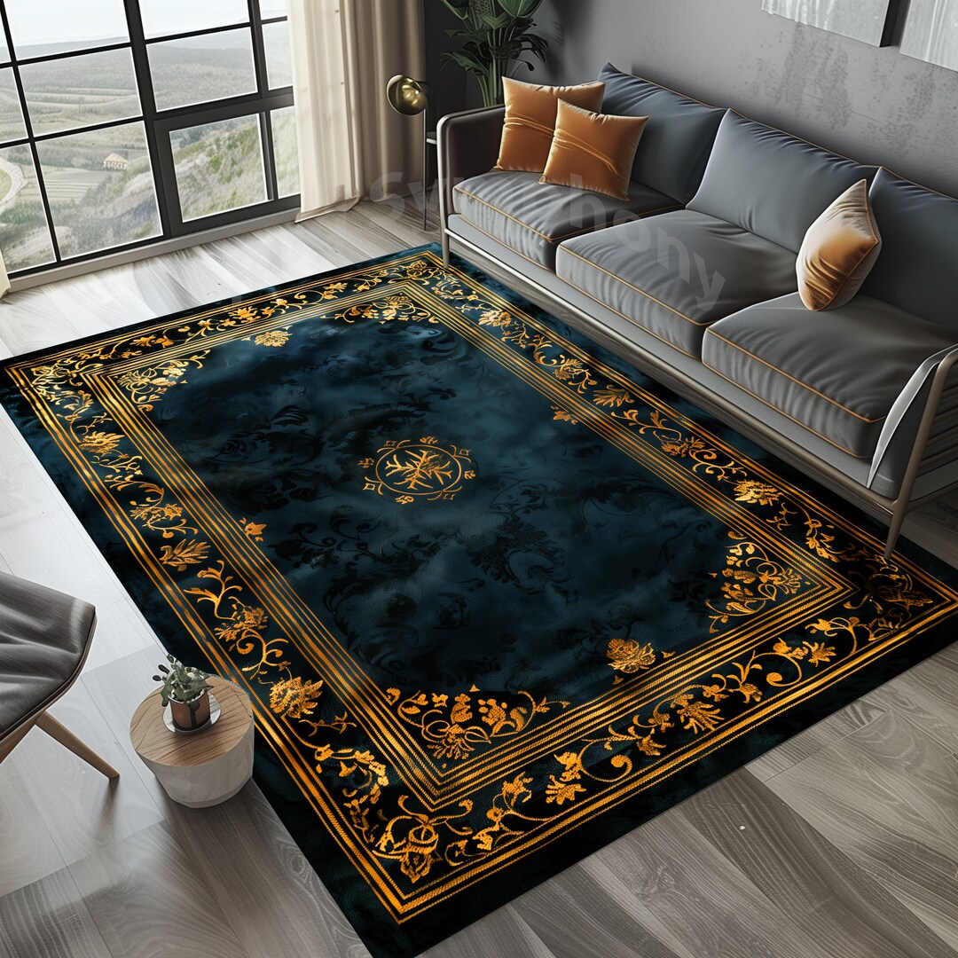 Oriental Symmetrical Runic Gold Border on Black Blue Rug, Runic Rug ...
