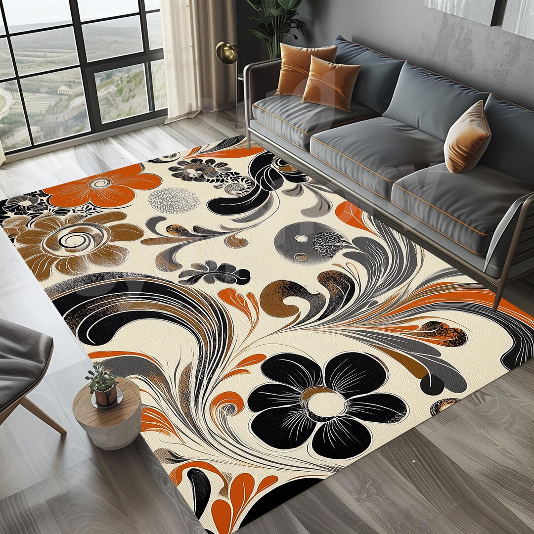 Swirls Floral Motifs Rug, Motifs Area Rug, Earthy Tones Rug, Orange and ...