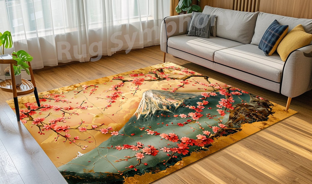 Mount Fuji and Cherry Blossoms Rug, Mount Fuji Rug, Flowers Rug, Fuji ...