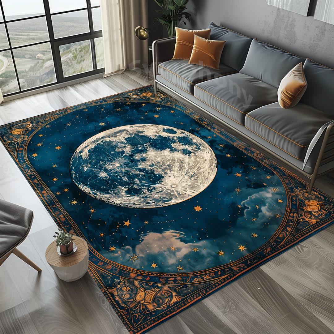 Full Moon Rug, Bohemian Moon Rug, Bohemian Occult Design Rug, Moon ...
