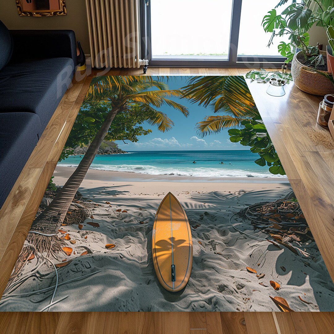 Beach Surfboard Area Rug: Palm Tree Island Design - Etsy