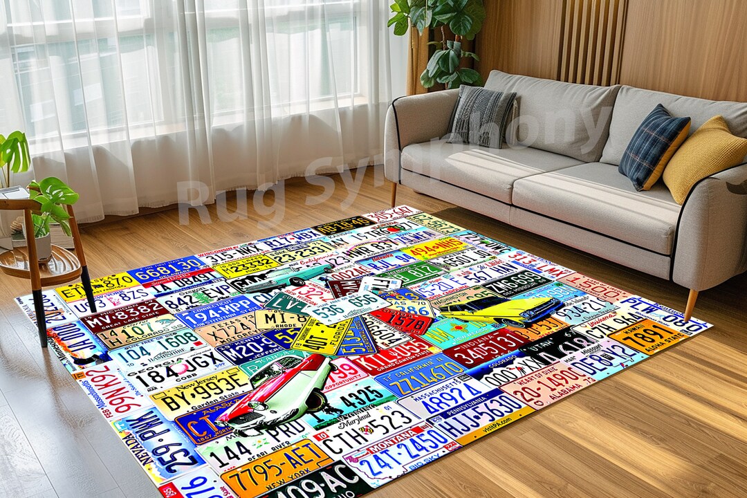 Classic Car Retro Look License Plates Rug, License Plates Floor Rug ...