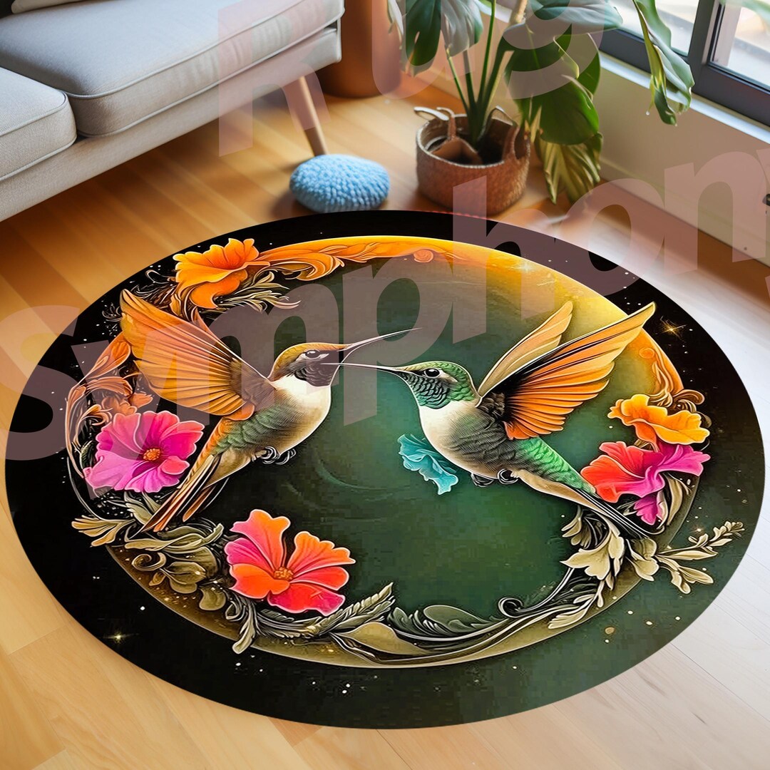 Round Enchanting Hummingbirds Rug, Round Hummingbirds Rug, Round ...