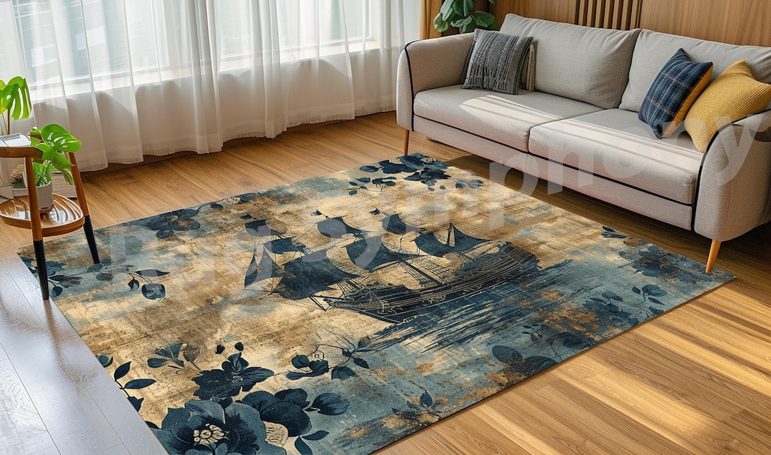 Ship Print Rug, Blue Floral Ship Rug, Sailor Rug, Ship Area Rug ...