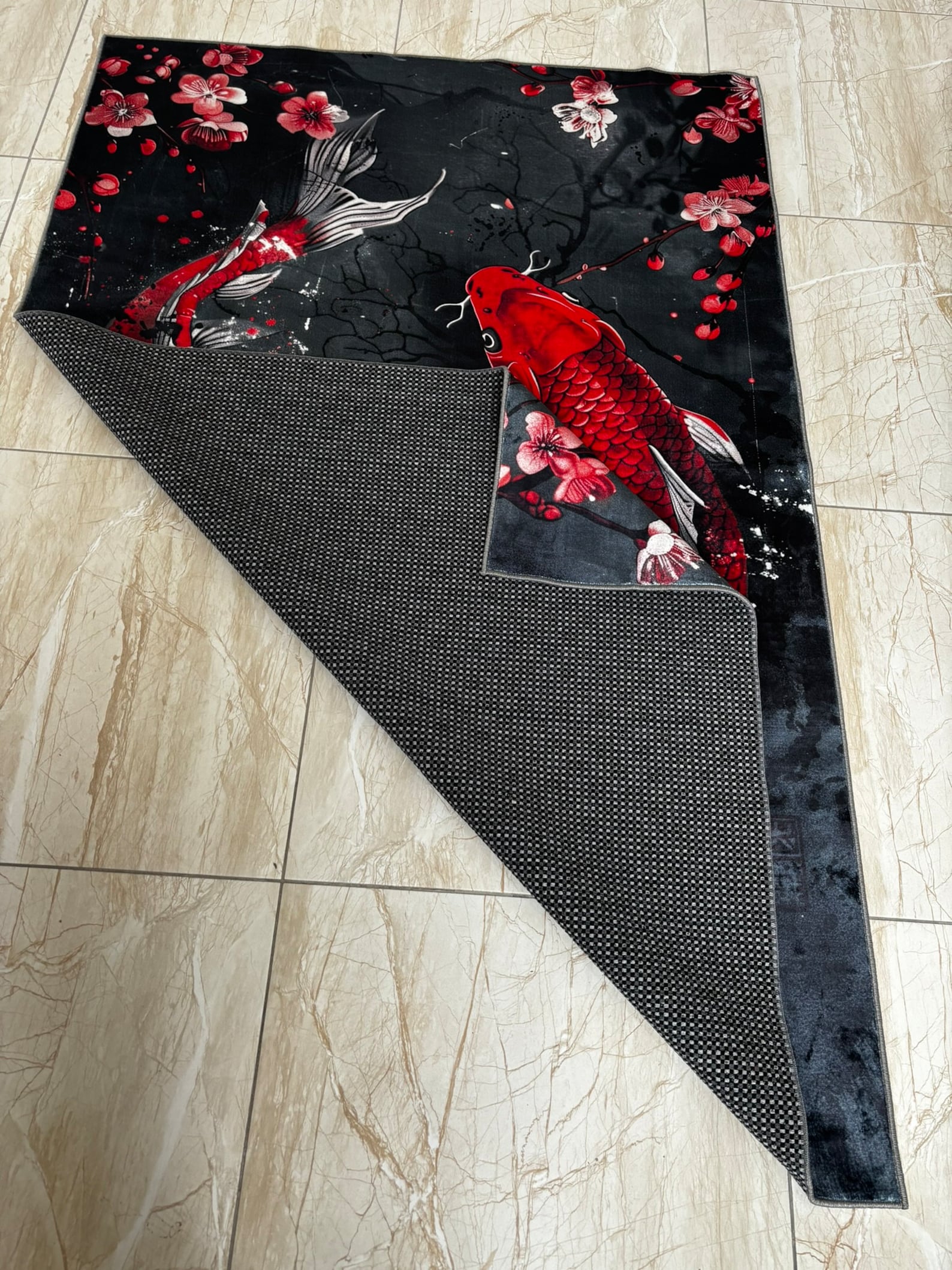 Koi Fish and Cherry Blossom Rug, Abstract Japanese Pattern Rug, Koi ...