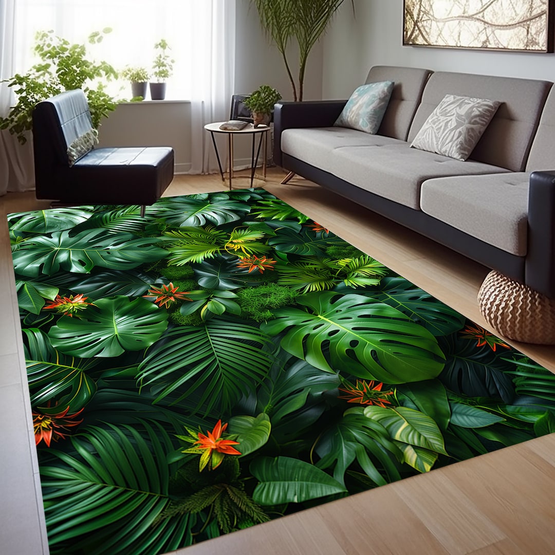 Tropical Leaves Rug, Monstera Leaf Rug, Forest Rug, Dark Green Leaf ...