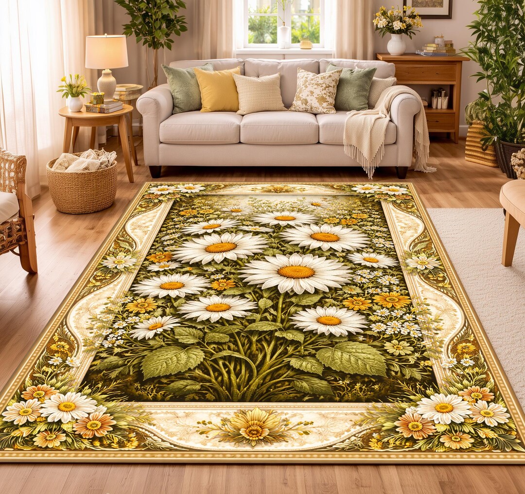 Rustic Daisies Rug: Traditional Floral Accent Rug - Etsy
