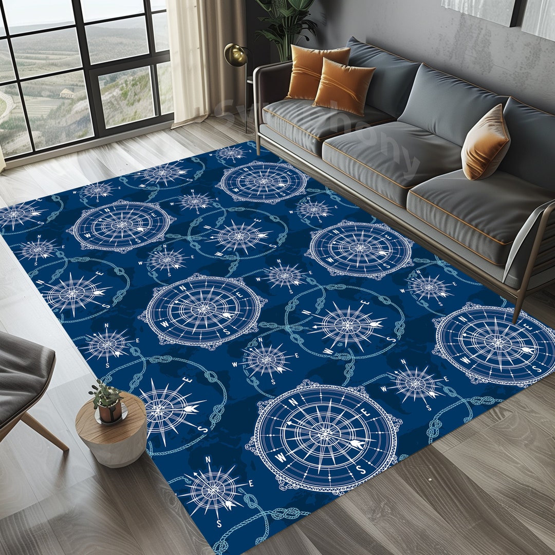 Wind Rose Rug, Wind Rose and Rope Knot Nautical Rug, Maritime Rug ...