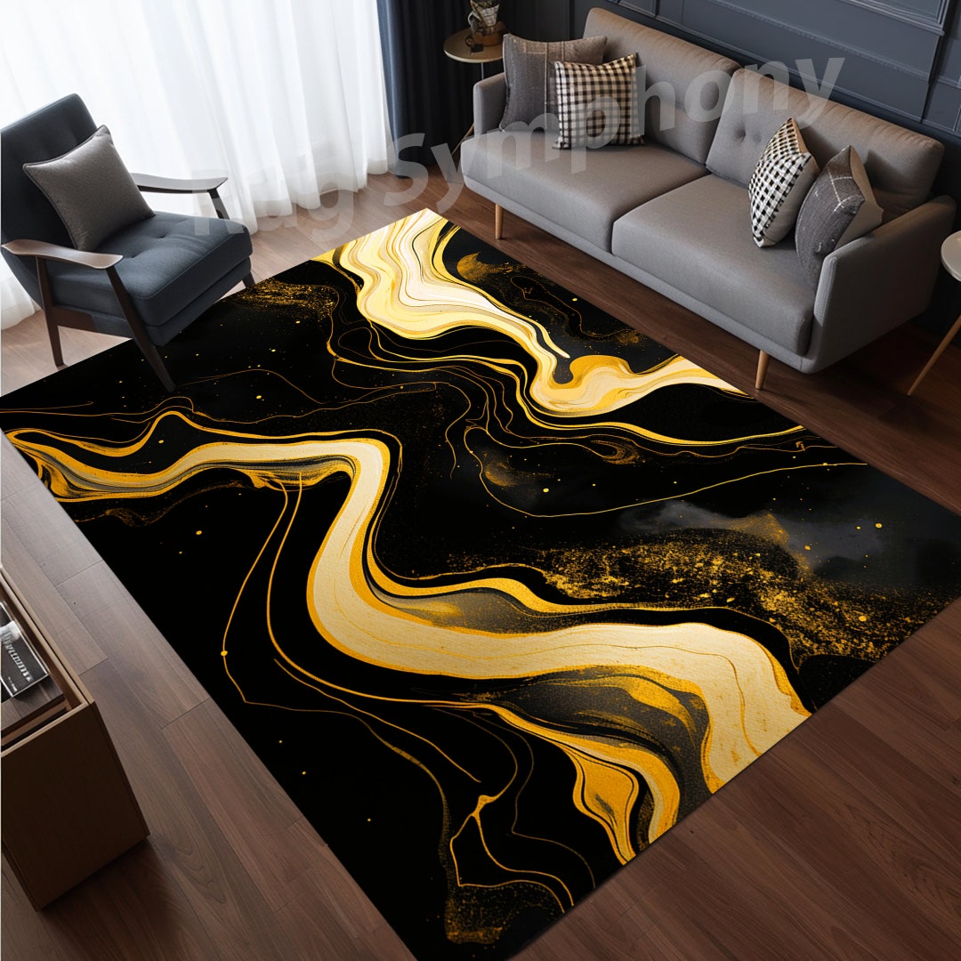Black Marble Rug, Black Marble Abstract Rug, Black and Golden Marble ...