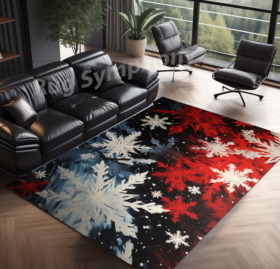 Snow Rug, Winter Rug, Snow Flakes Rug, Winter Area Rug, Red and White ...