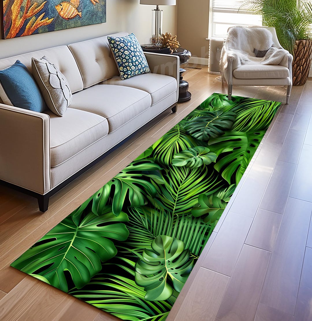 Monstera Leaf Runner, Forest Rug, Palm Tree Runner, Green Leaf Rug ...