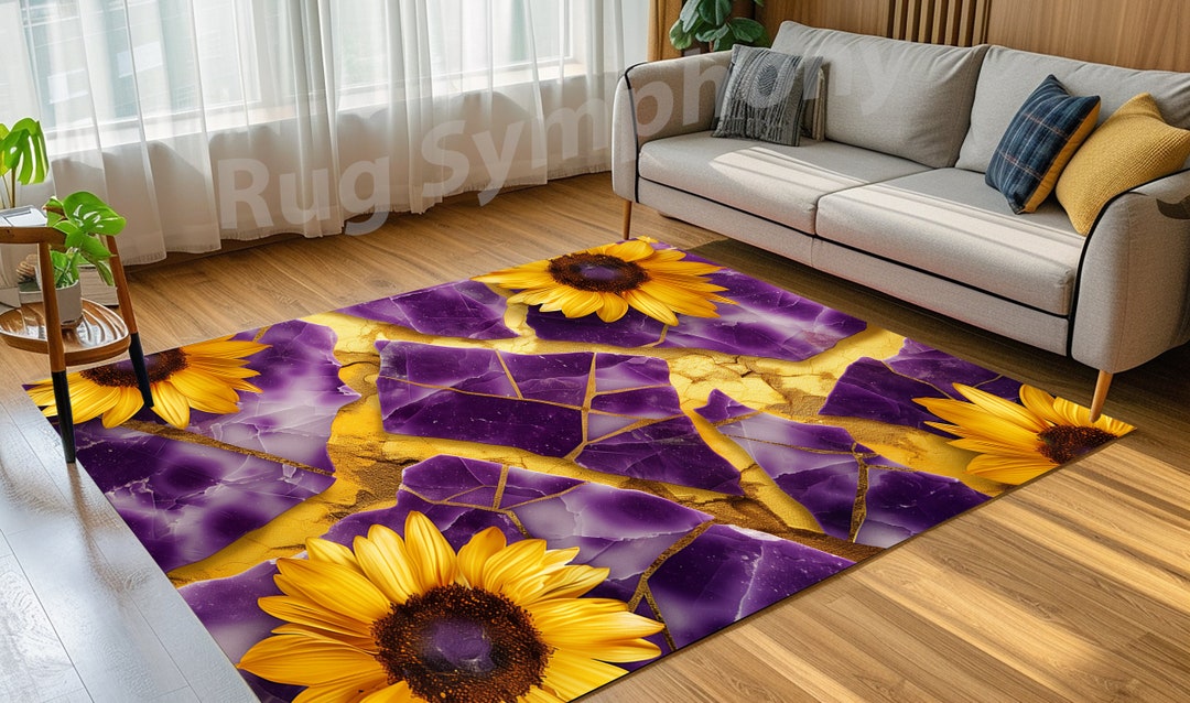 Purple Mosaic Rug, Geometric Rug, Sun Flowers Rug, Floral Rug, Yellow ...