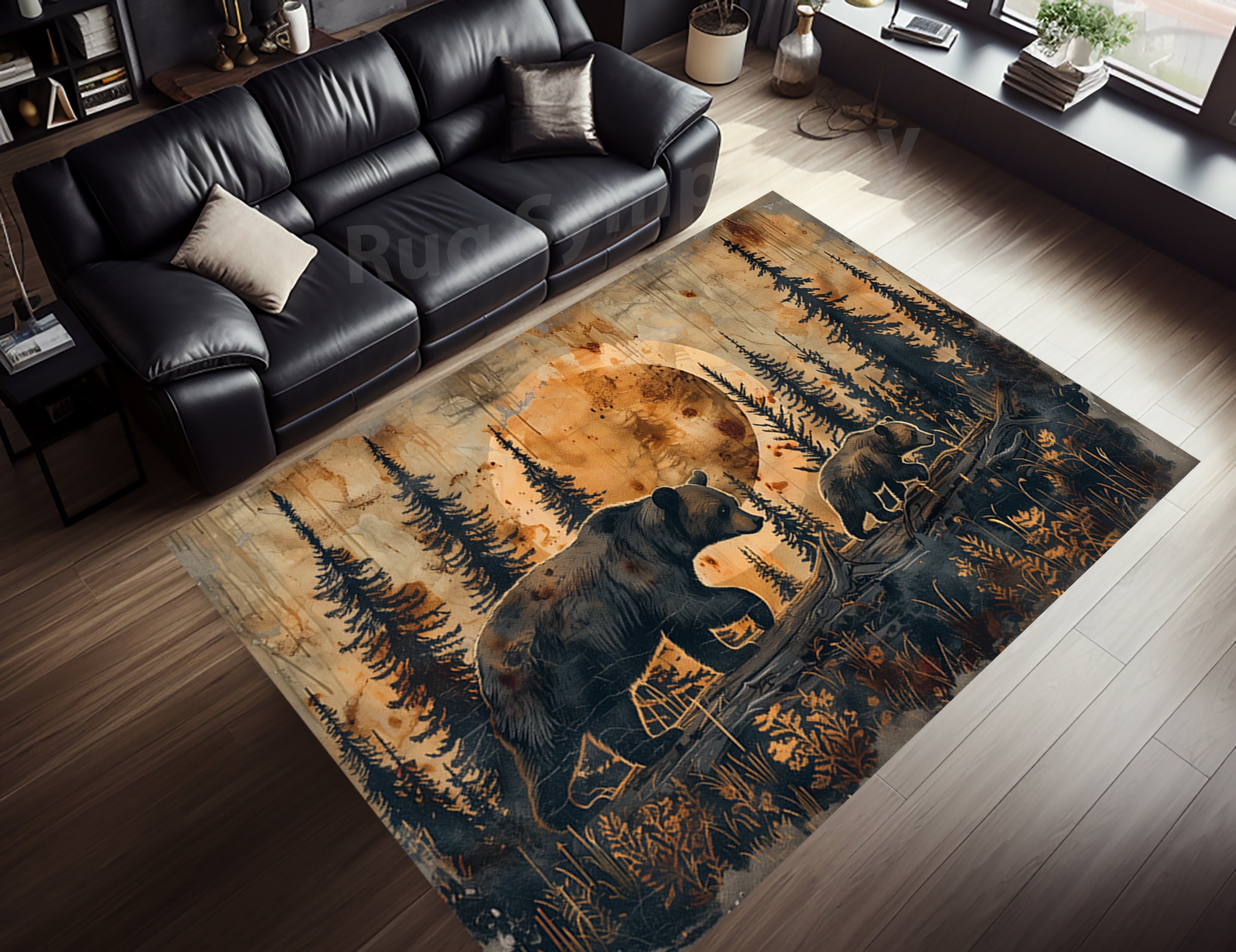 Vintage Look Bear and Cub Rug, Retro Cabin House Bear Rustic Rug, Bear ...
