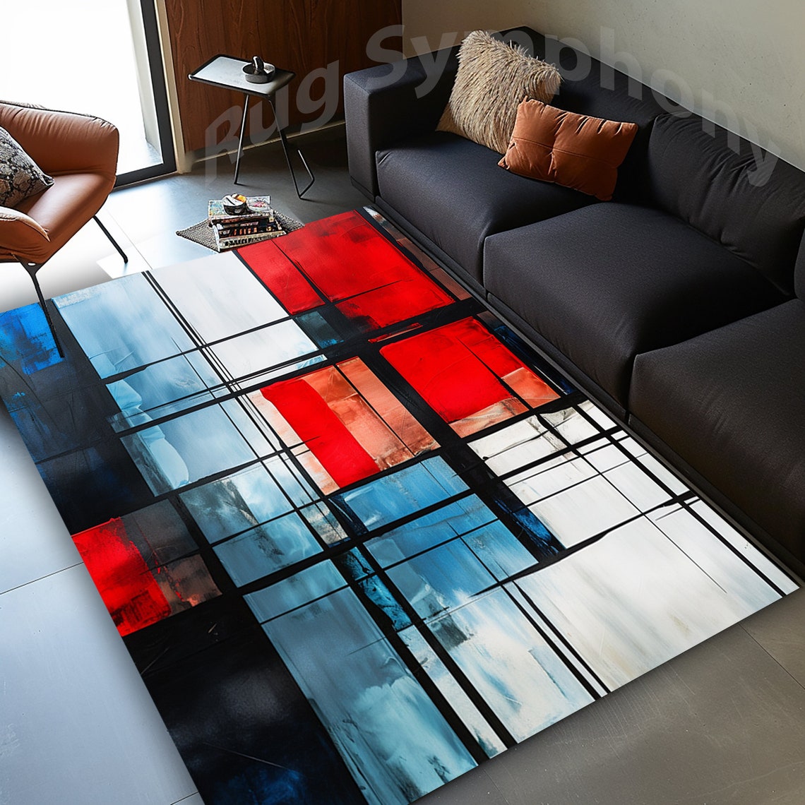 Red and Black Modern Shapes Rug, Black Shapes Rug, Drawings Rug, Bold ...