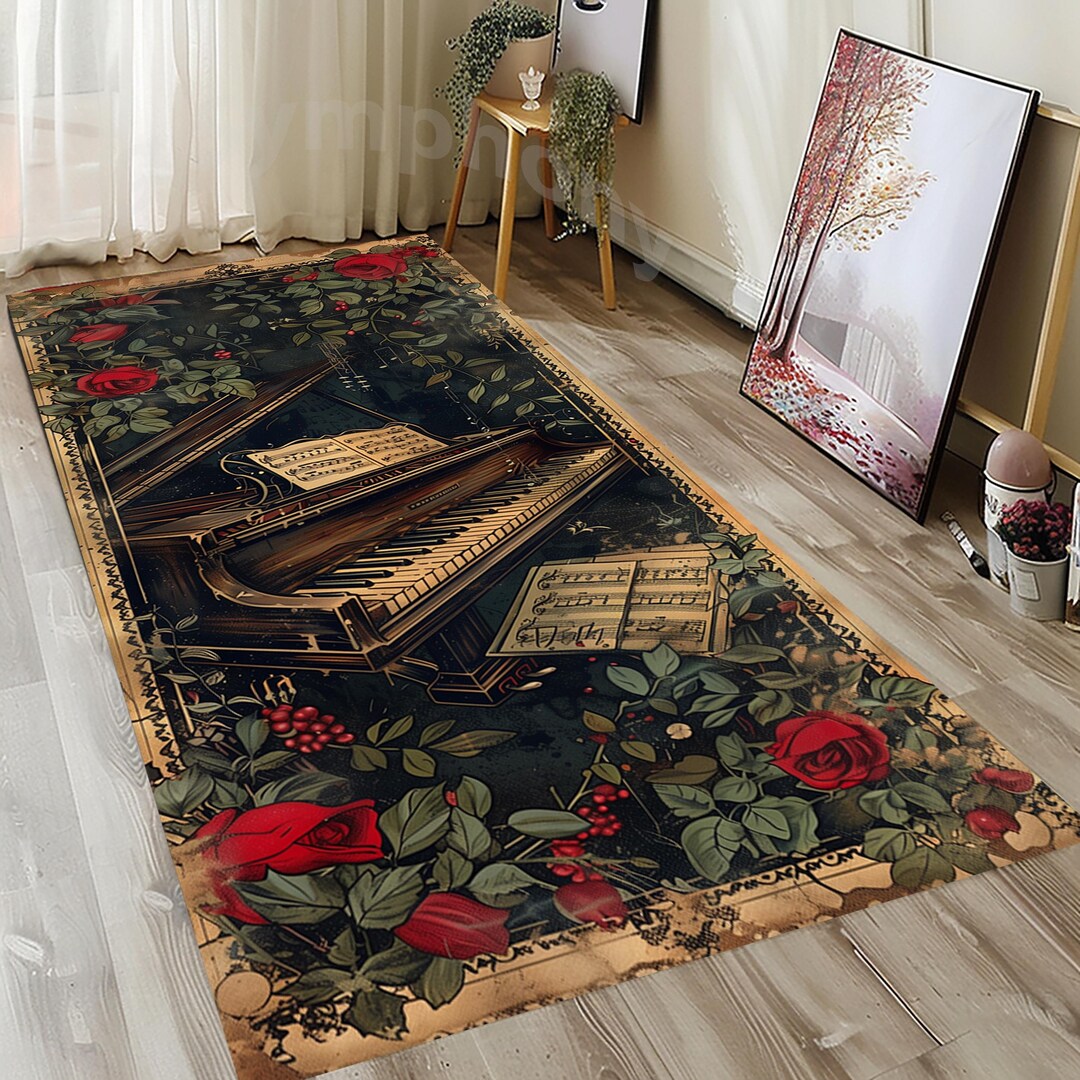 Piano in Rose Garden Runner, Colorful Piano Runner, Traditional Piano ...