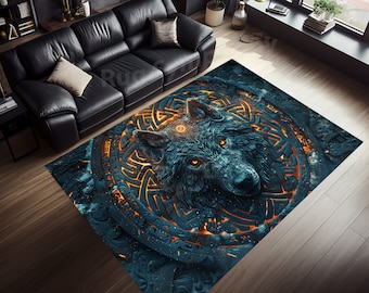 Wolf Area Rug, Wolf Rug, 3D Look Wolf Rug, Wood Carving Look Wolf Rug ...