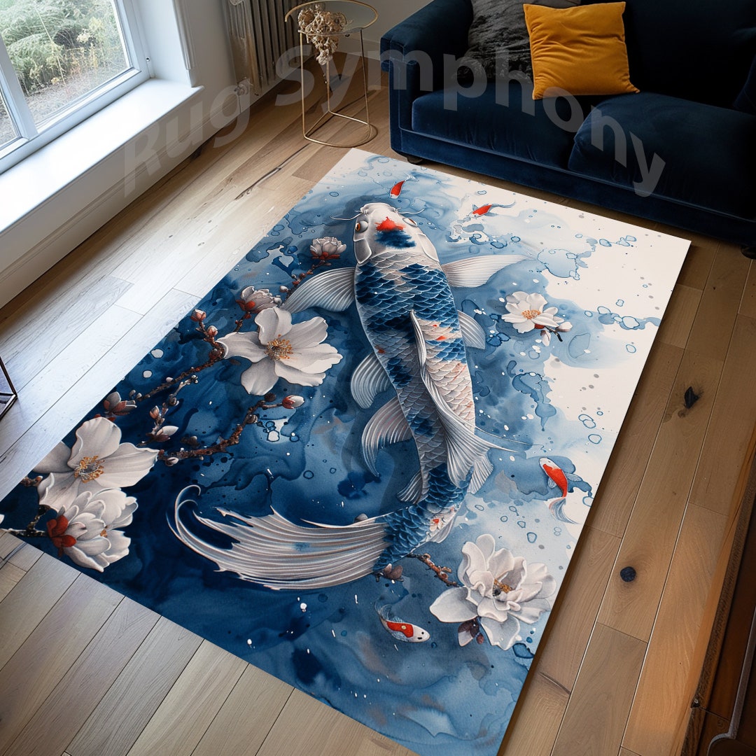 Koi Fish Pattern Rug, White Blossom Rug, Blue and White Koi Fish and ...
