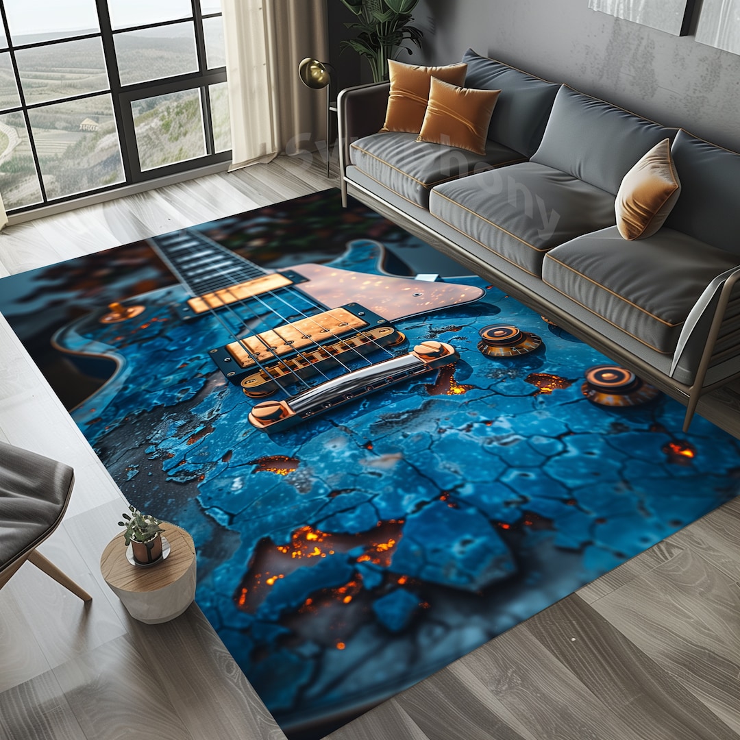 Blue Guitar Rug, Guitar Illustration Rug, Guitar Music Rug, Guitar Rug ...