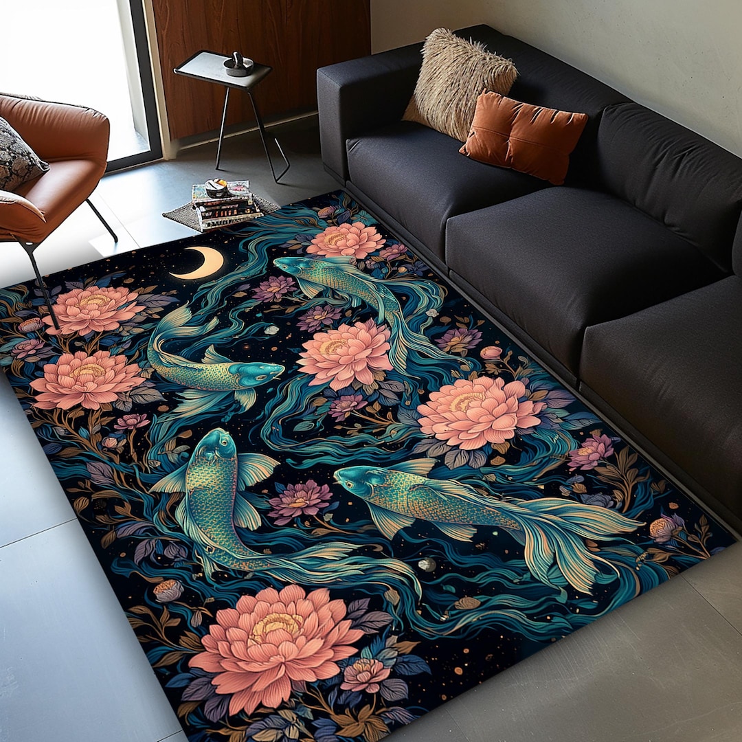 Abstract Blue Koi Fish Area Rug: Japanese Floral Pattern - Etsy