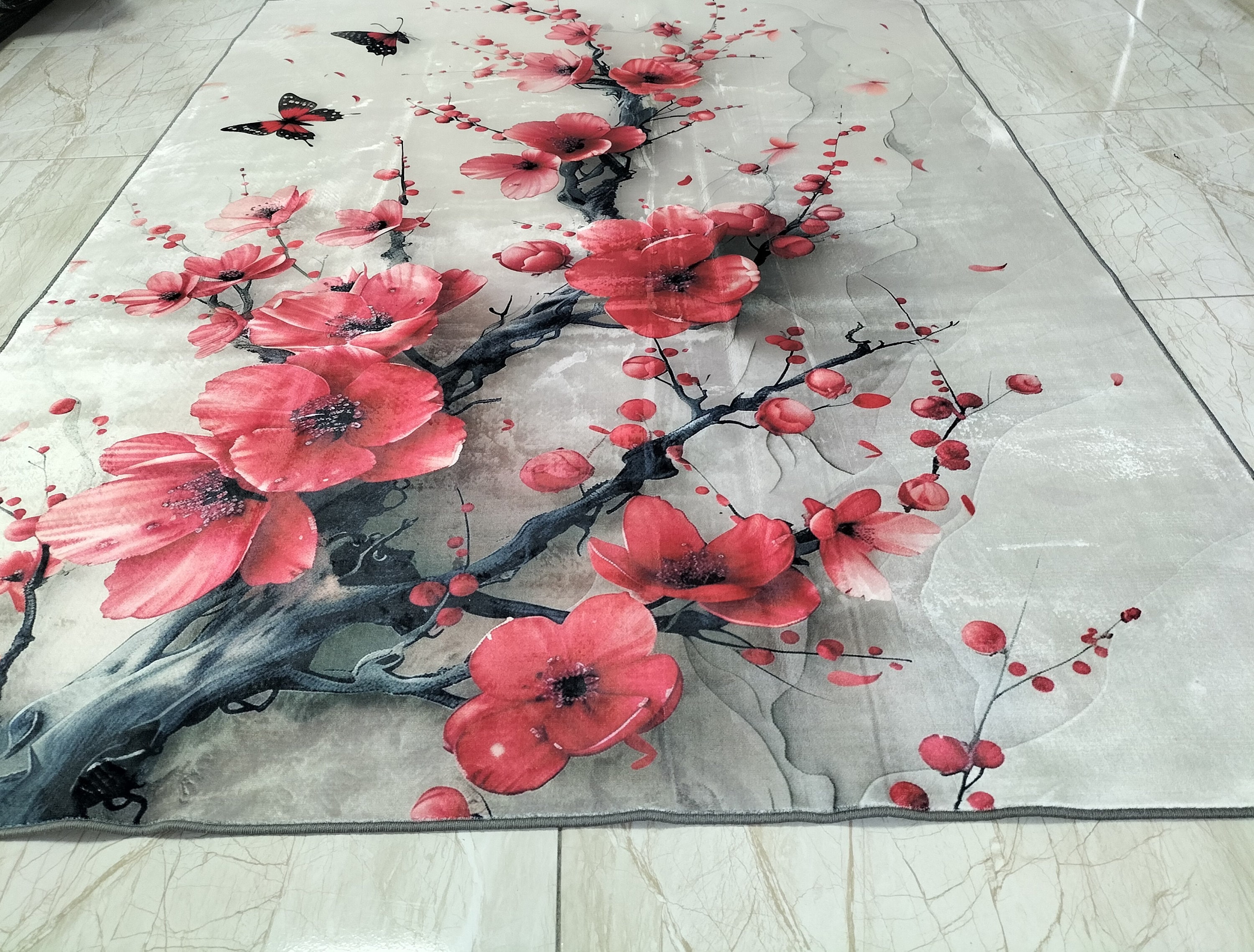 3D Look Cherry Blossom Rug, Japanese Pattern Rug, Red Cherry Blossom ...