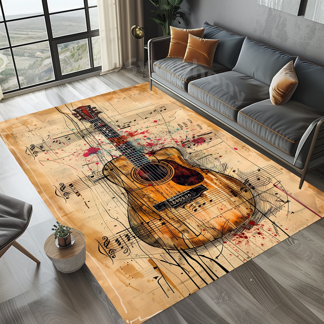 Retro Look Guitar Illustration Rug, Guitar Rug, Guitar Art Rug, Guitar ...