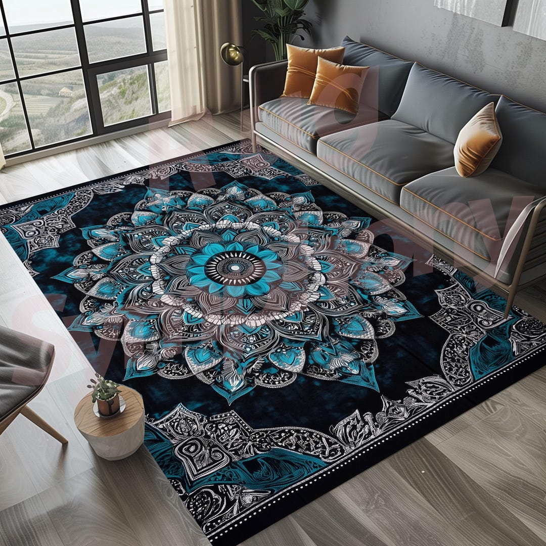Mandala Art Rug, Teal Modern Living Room Rug, Mandala Area Rug, Mandala ...