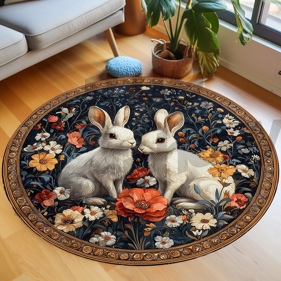Hares Rug, Circle Rabbit Rug, Round Hares Pattern Rug, Hare Rug, Rabbit ...
