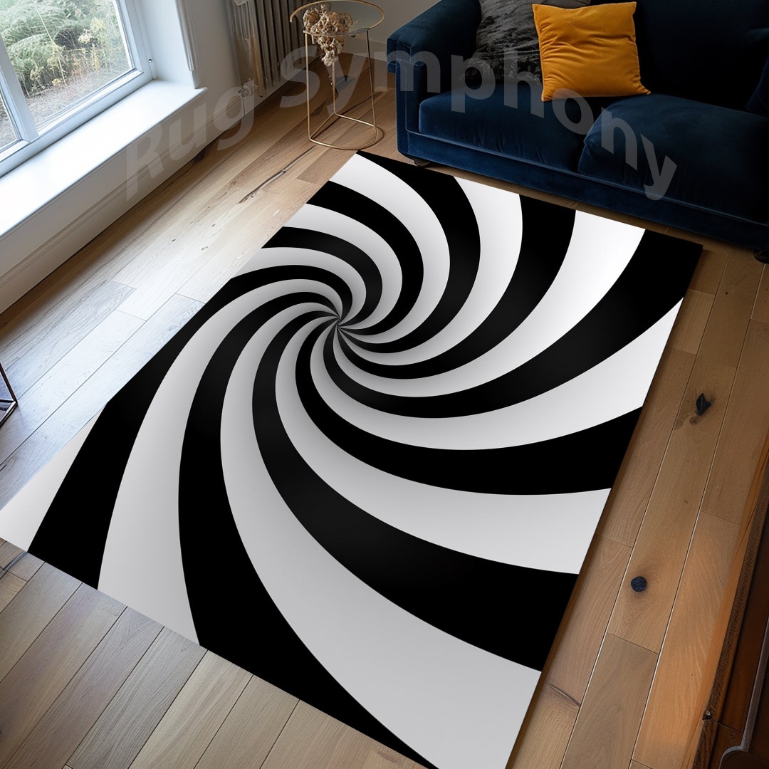 Black and White Vortex Rug, Monotone Pattern Illusion Rug, Vortex Rug ...
