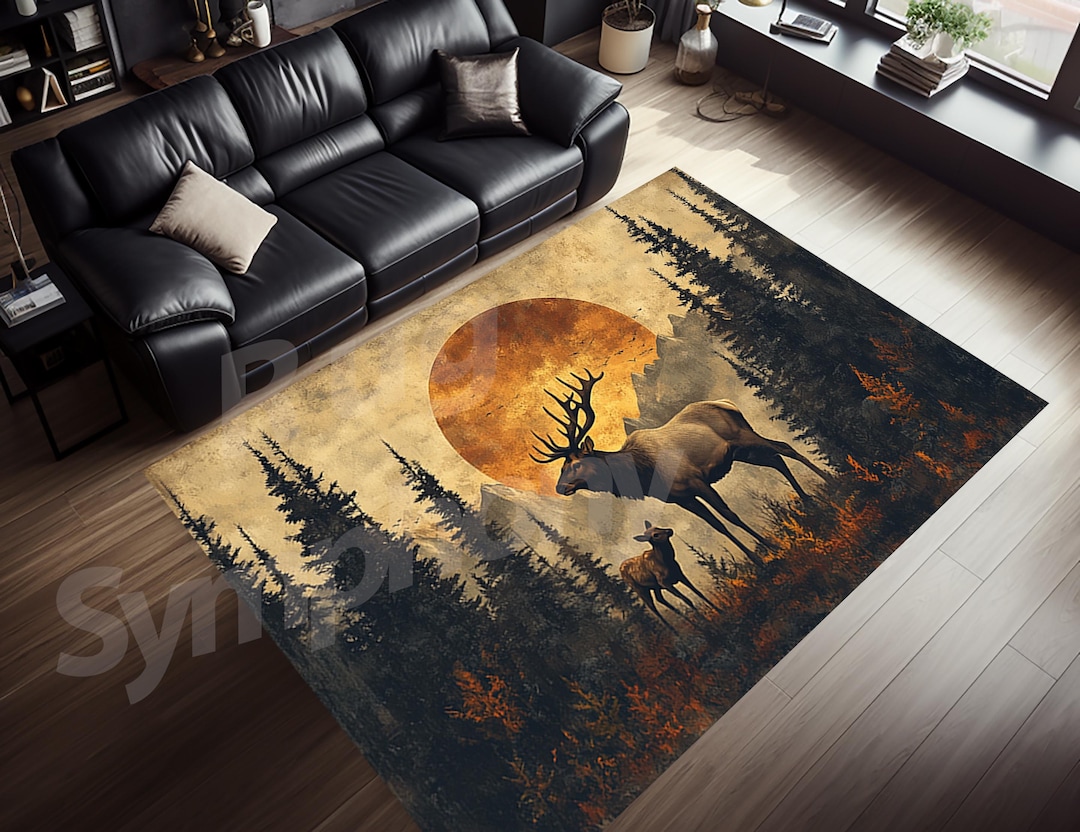 Vintage Look Elk Rug, Retro Cabin House Elk Rustic Rug, Elk Rug, Elk ...