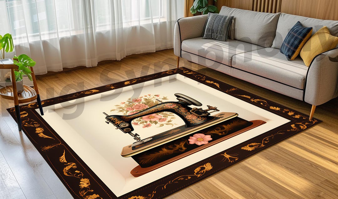 Vintage Sewing Machine Rug, Sewing Pattern Rug, Retro Sewing Rug ...