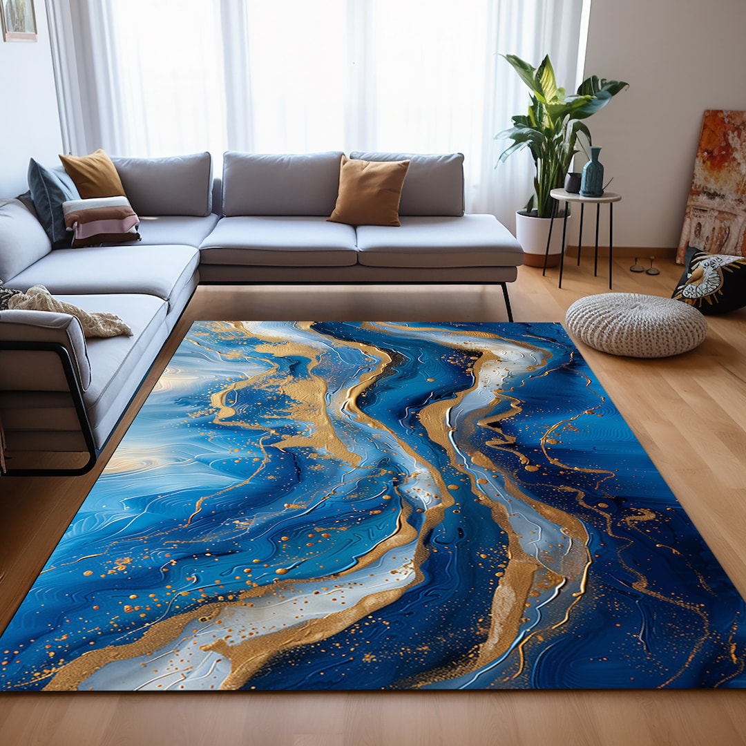 Blue and Golden Marble Texture Rug, Marble Rug, Gold Marble Rug, Blue ...
