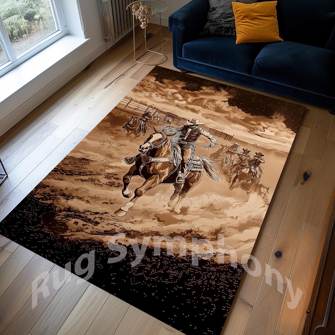 Cowboy Area Rug, Oriental Western Rug, Rustic Retro Cowboy Rug, Rodeo ...