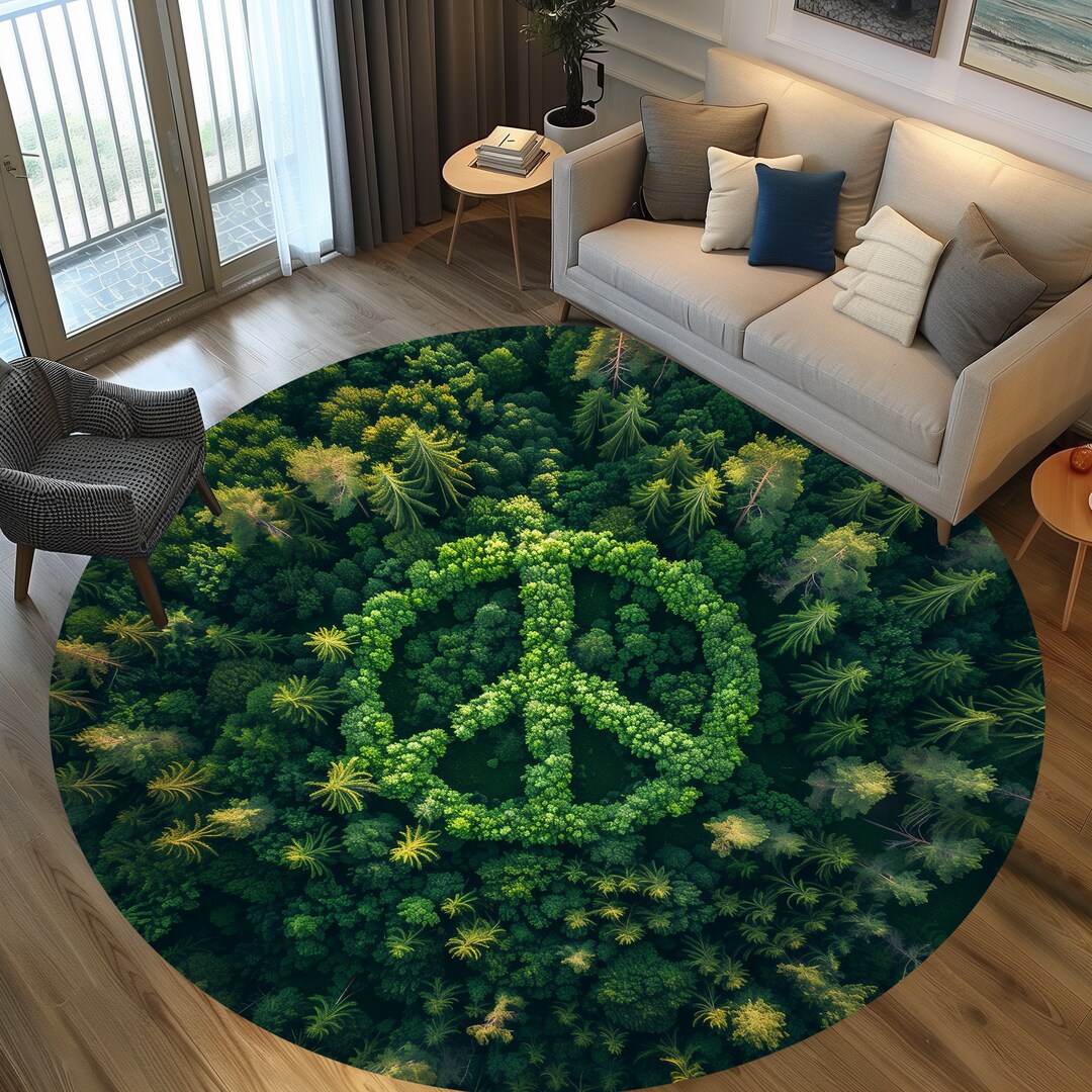 Round Forest Peace Sign Rug, Peace Sign Shape Forest Rug, Round Peace ...