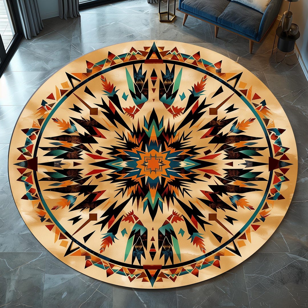 Aztec Pattern Round Rug, Traditional Aztec Rug, Painting Style Round ...
