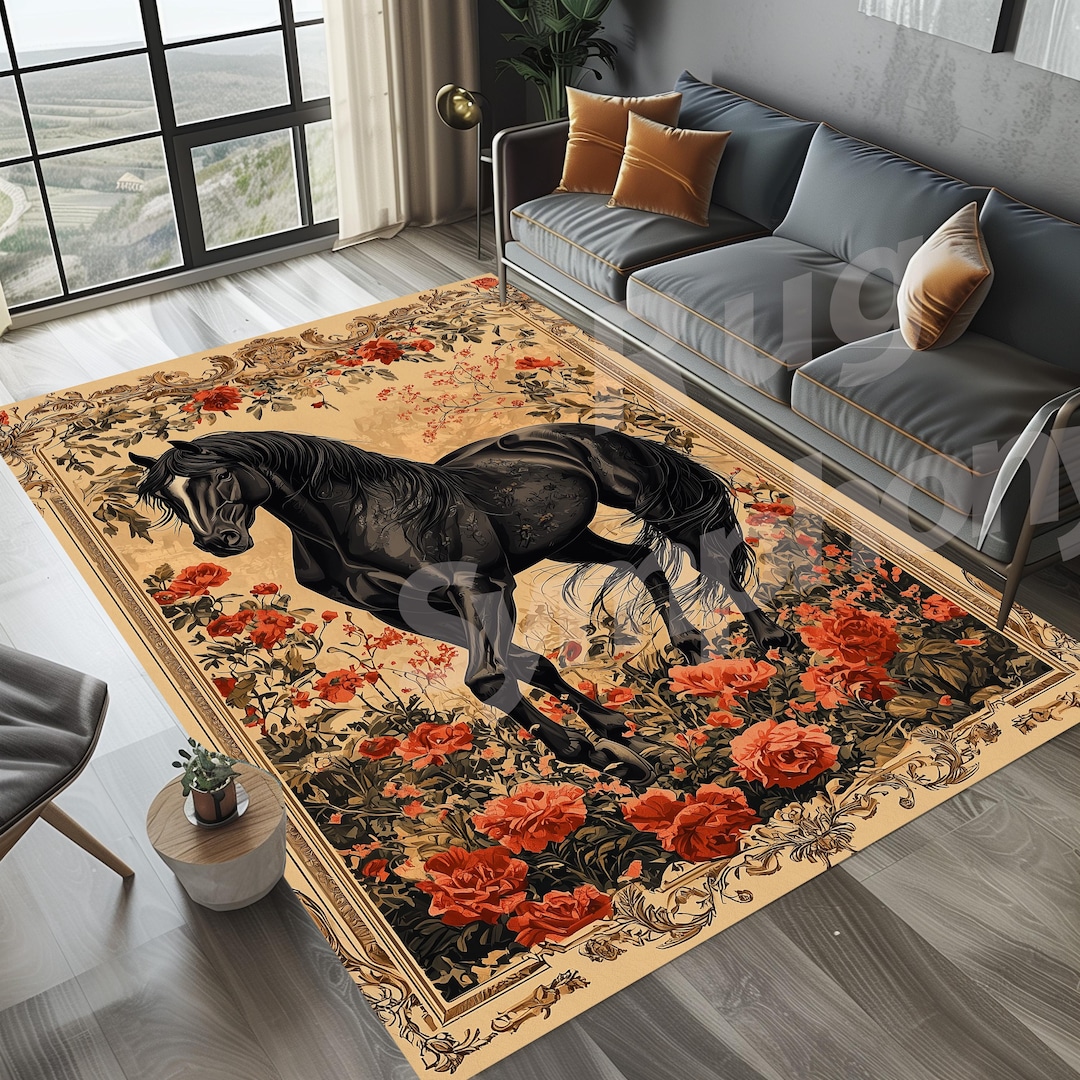 Oriental Horse Rug, Traditional Horse Rug, Wild Horse Area Rug, Horse ...