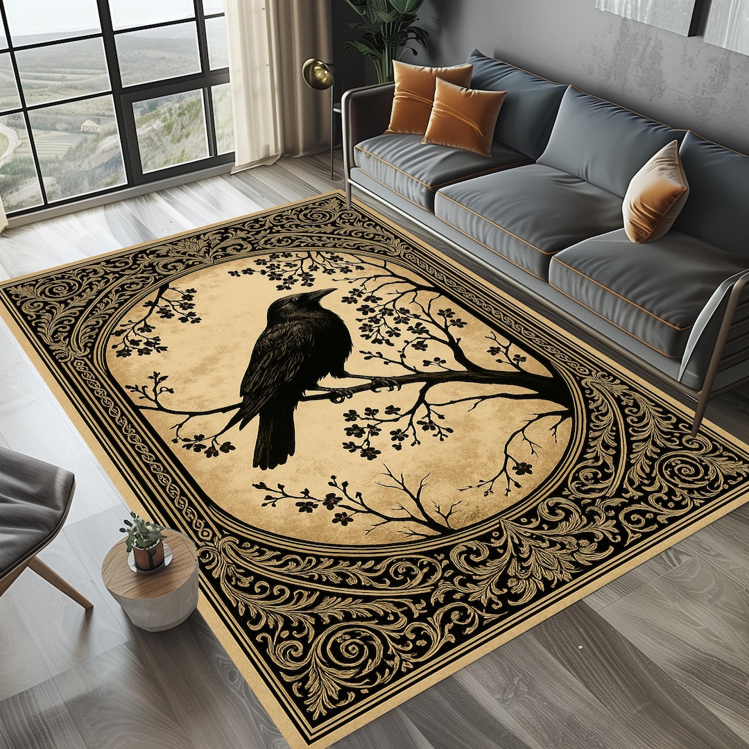 Gothic Style Elegant Cream Color Crow Rug, Traditional Raven Rug ...