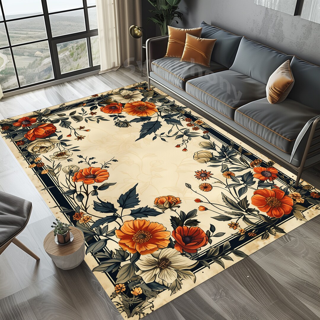 Botanical Rug, Floral Rug, Orange Flowers Rug, Modern Floral Rug ...