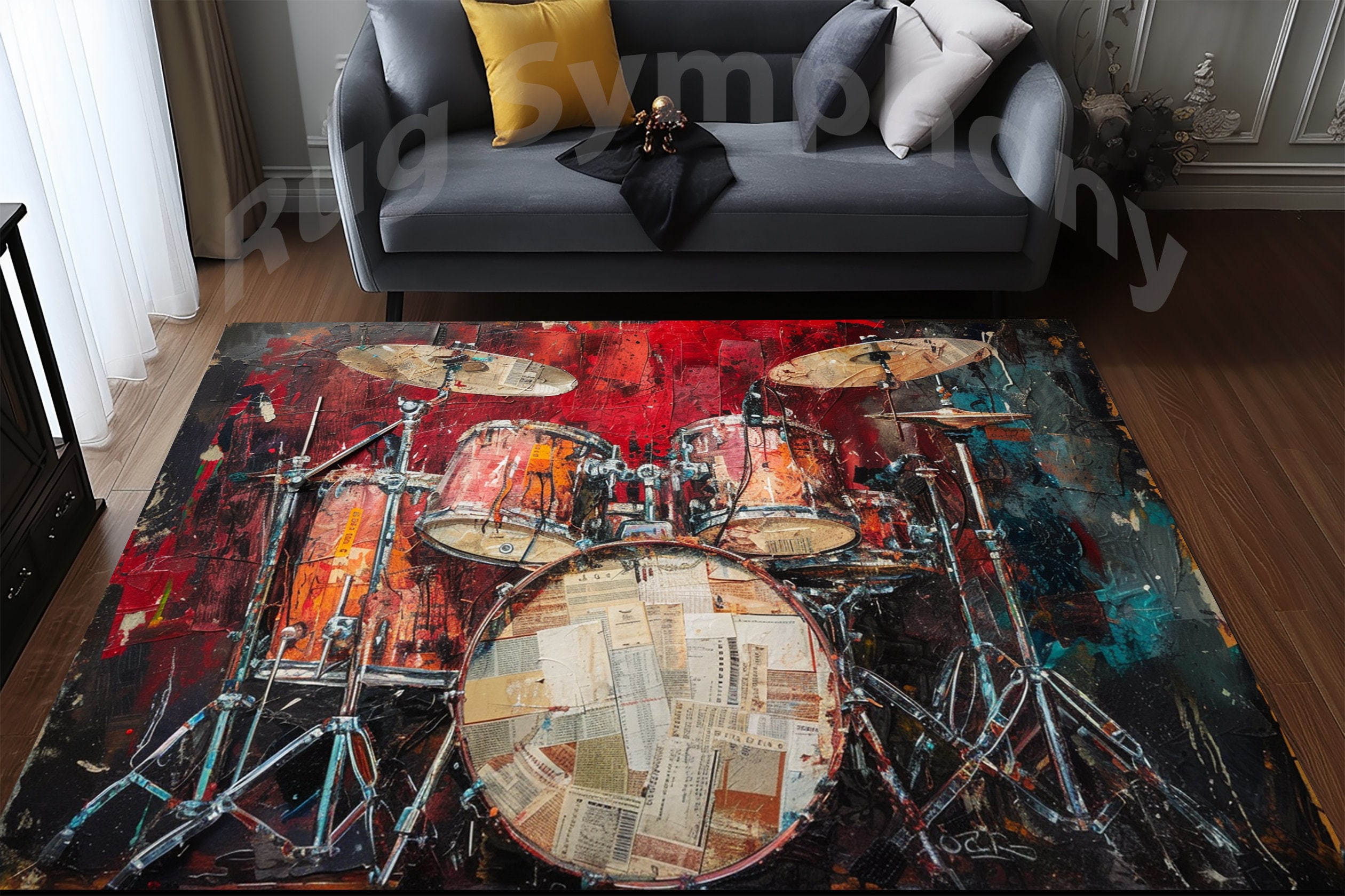 Modern Art Style Drum Set Rug, Drum Set Area Rug, Drum Set Graffiti ...
